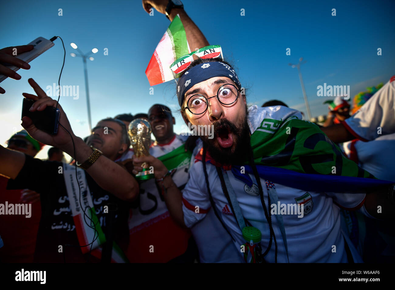 Iranian fans gather outside the Mordovia Arena Stadium before the group ...