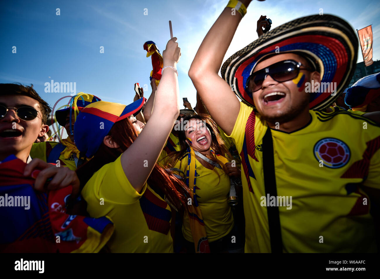 Colombian fans are dressed up as they gather outside the Kazan Arena ...