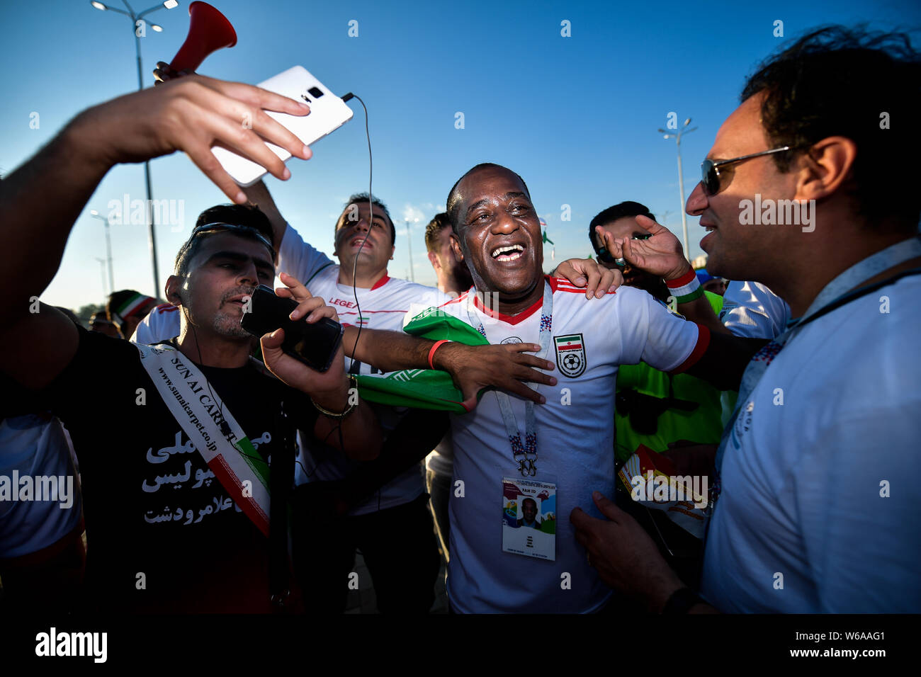 Iranian fans gather outside the Mordovia Arena Stadium before the group ...
