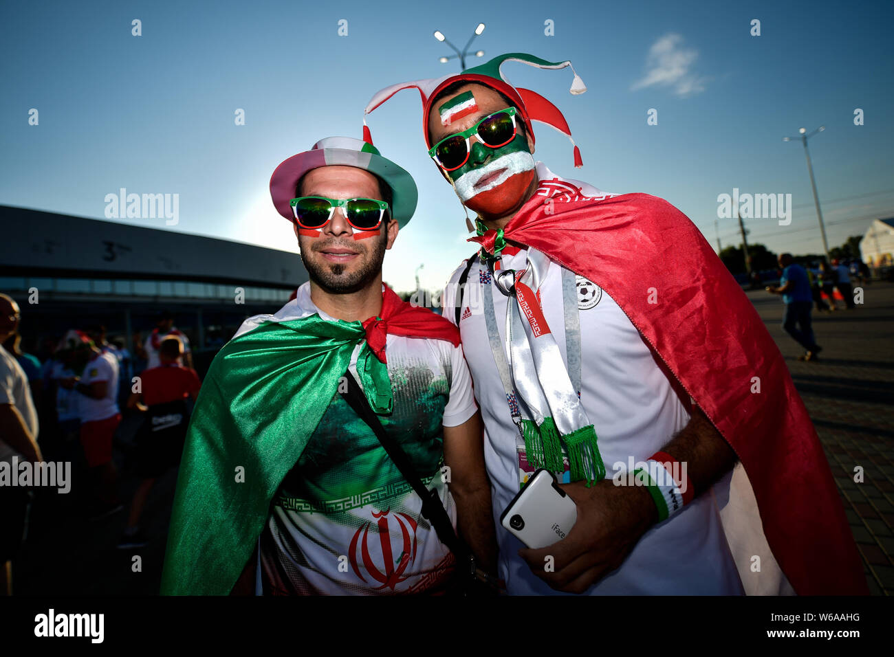 Iranian fans gather outside the Mordovia Arena Stadium before the group ...