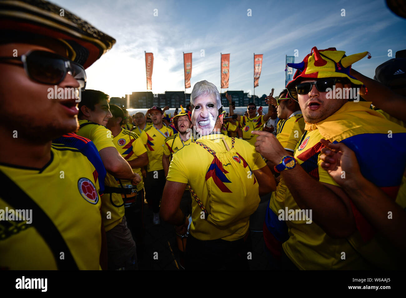 Colombian fans are dressed up as they gather outside the Kazan Arena ...