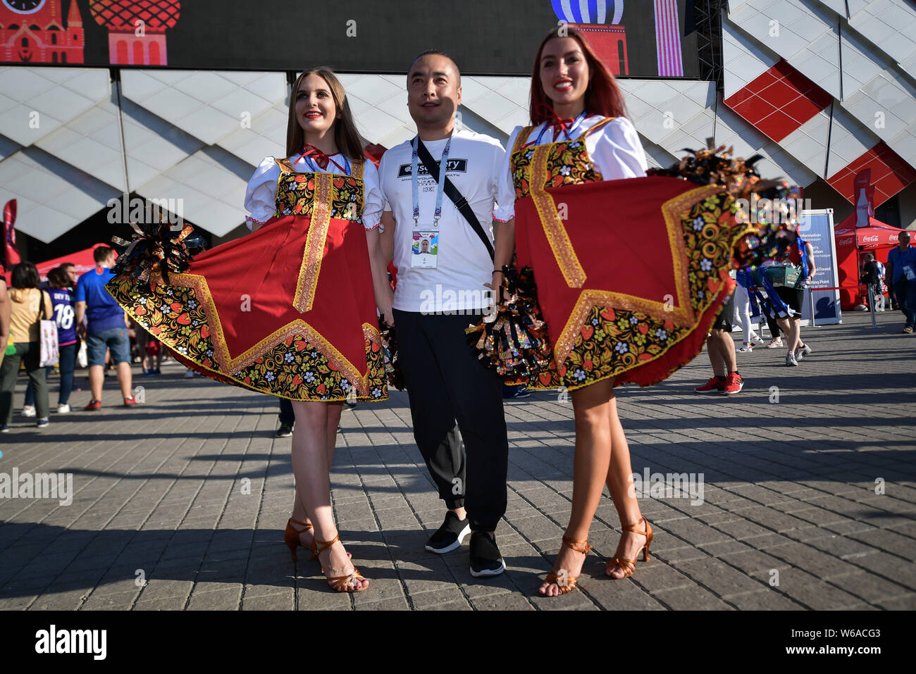 Serbian fans are dressed up as they gather outside the Spartak Stadium ...