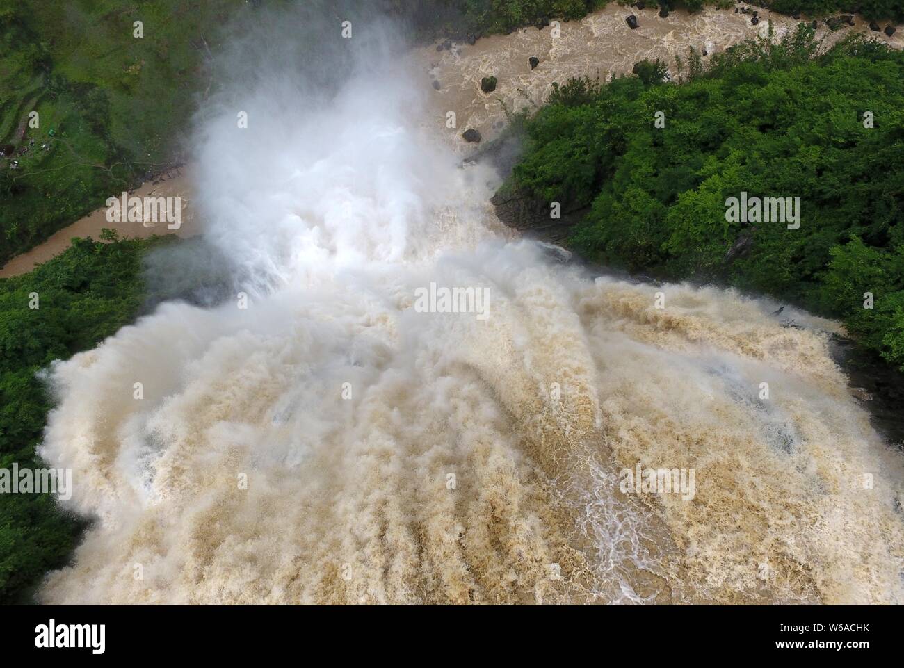 An aerial view of Dishuitan Waterfall near the Huangguoshu Waterfall in ...