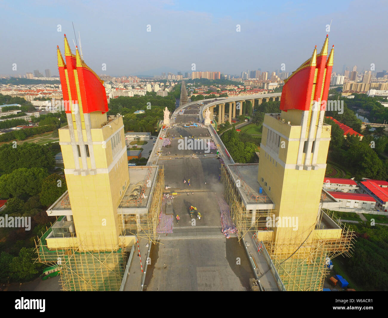 Aerial view of the 70-meter-high bridgehead of the Nanjing Yangtze ...