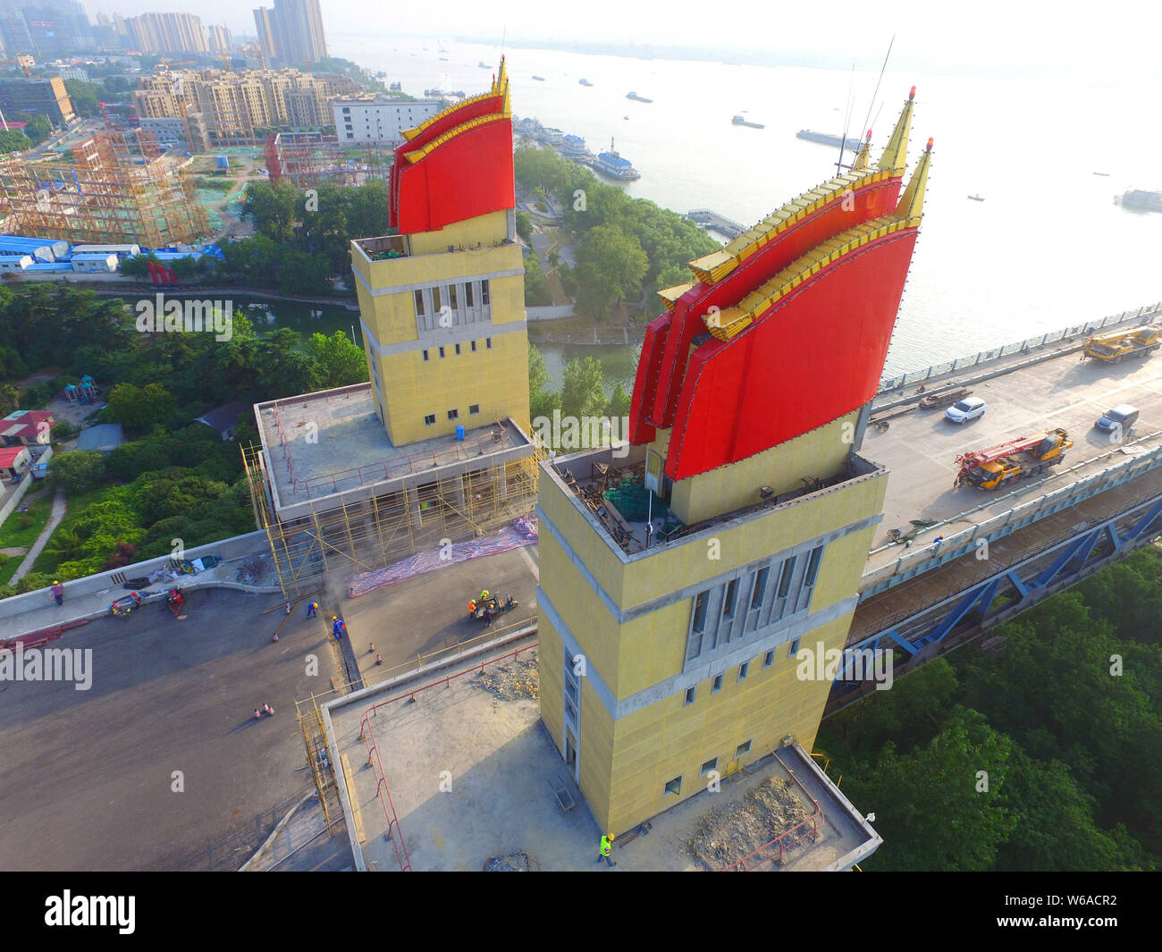 Aerial view of the 70-meter-high bridgehead of the Nanjing Yangtze ...