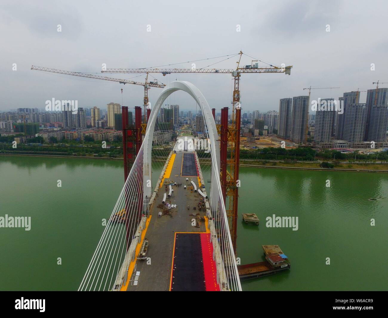 Aerial view of the construction site of the Baisha bridge, the world's ...