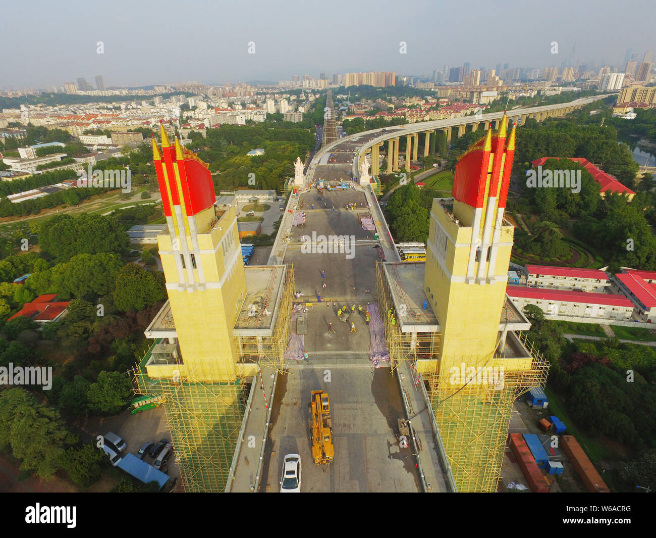 Aerial view of the 70-meter-high bridgehead of the Nanjing Yangtze ...
