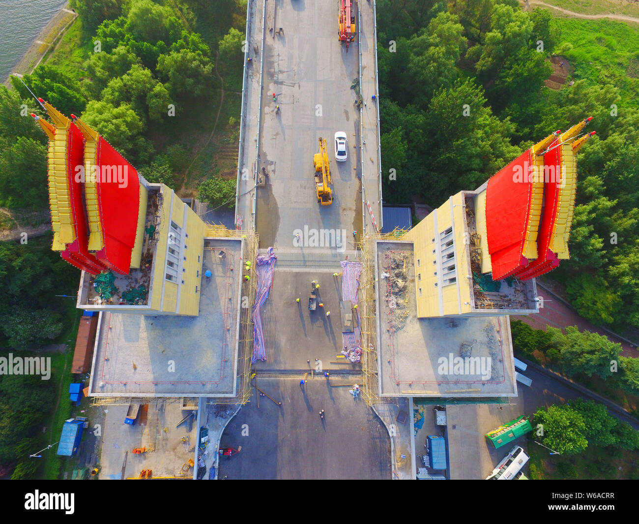 Aerial view of the 70-meter-high bridgehead of the Nanjing Yangtze ...