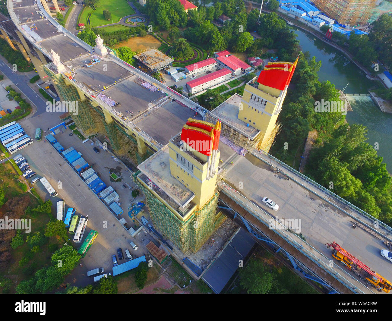 Aerial view of the 70-meter-high bridgehead of the Nanjing Yangtze ...