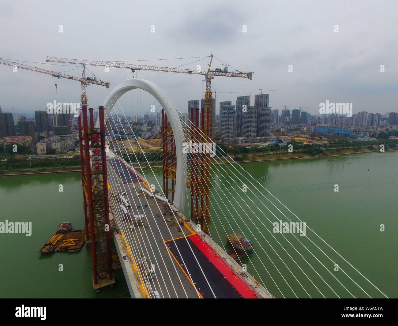 Aerial view of the construction site of the Baisha bridge, the world's ...