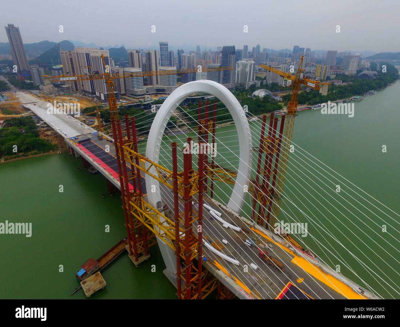 Aerial view of the construction site of the Baisha bridge, the world's ...