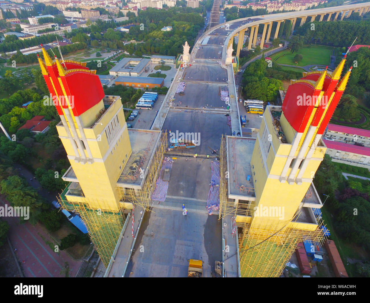 Aerial view of the 70-meter-high bridgehead of the Nanjing Yangtze ...
