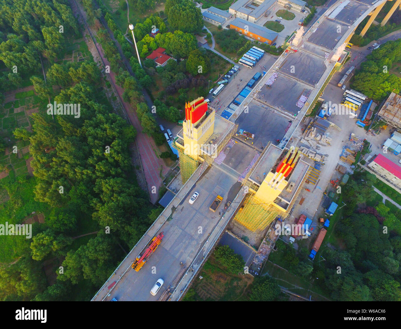 Aerial view of the 70-meter-high bridgehead of the Nanjing Yangtze ...