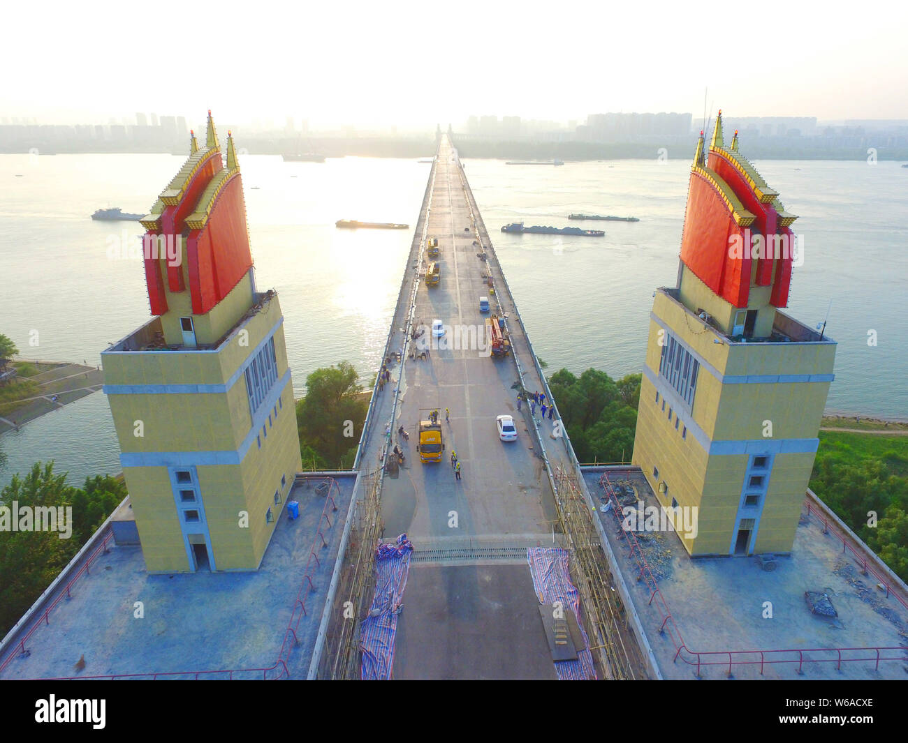 Aerial view of the 70-meter-high bridgehead of the Nanjing Yangtze ...