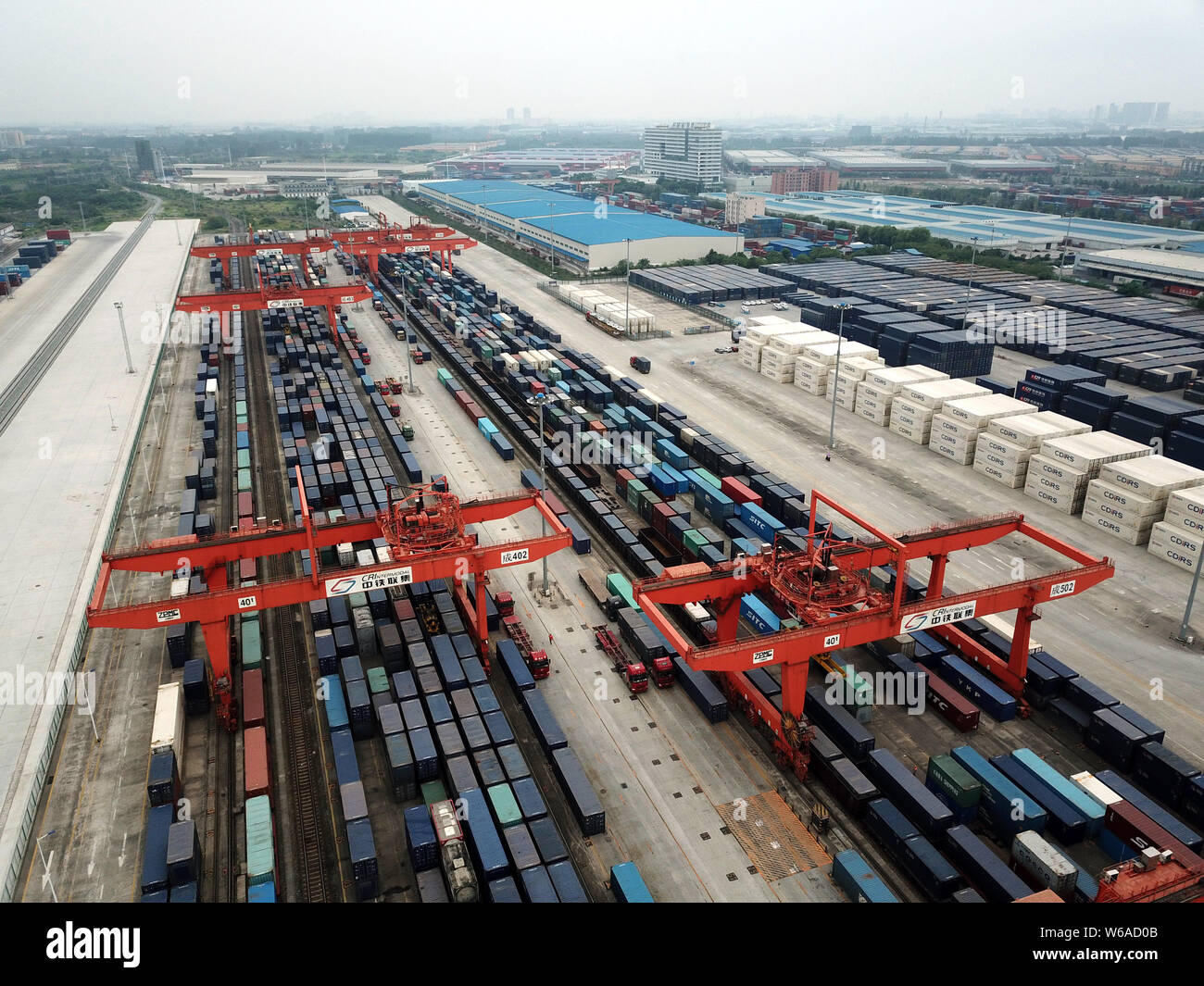 Cargo containers shipped by freight trains of the China-Europe Railway ...