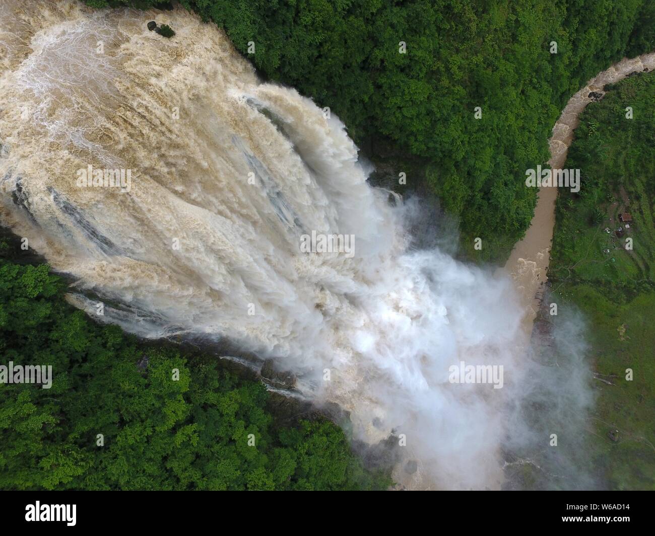 An aerial view of Dishuitan Waterfall near the Huangguoshu Waterfall in ...