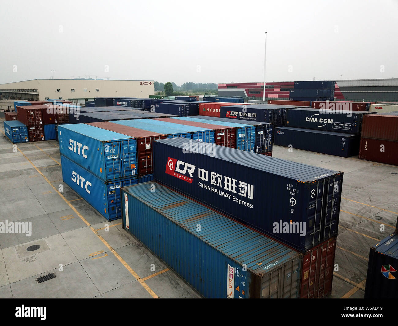 Cargo containers shipped by freight trains of the China-Europe Railway ...