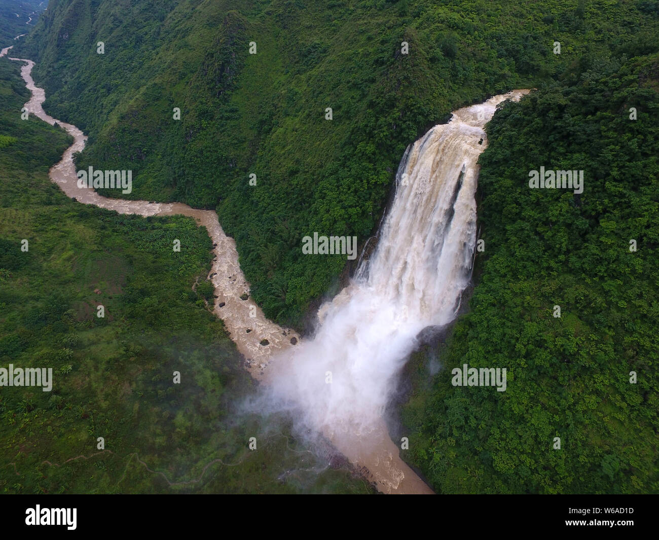 An aerial view of Dishuitan Waterfall near the Huangguoshu Waterfall in ...