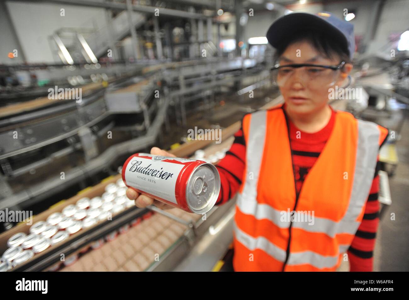--FILE--A Chinese worker shows a can of Budweiser beer at a factory ...