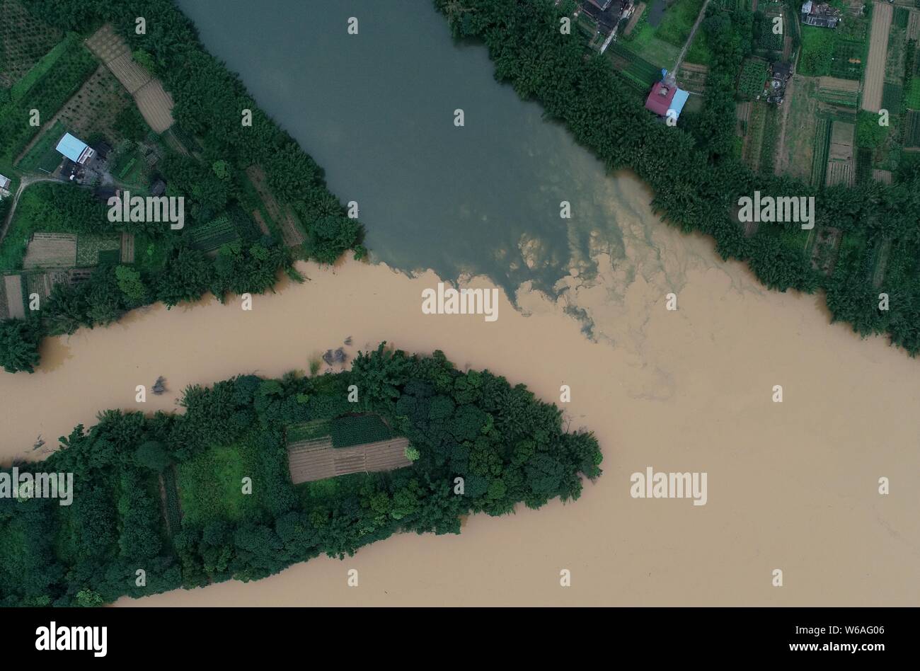 Aerial view of the Rongjiang river divided into two parts in Rong'an ...