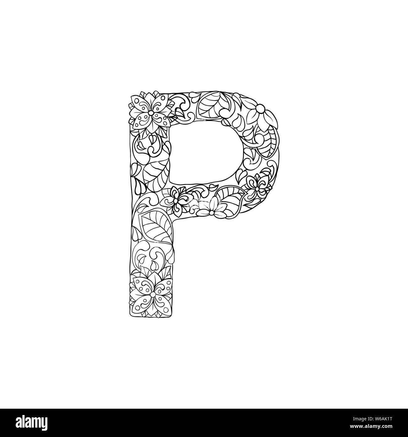 Coloring Book Floral Ornamental Alphabet, Initial Letter P Font. Vector ...