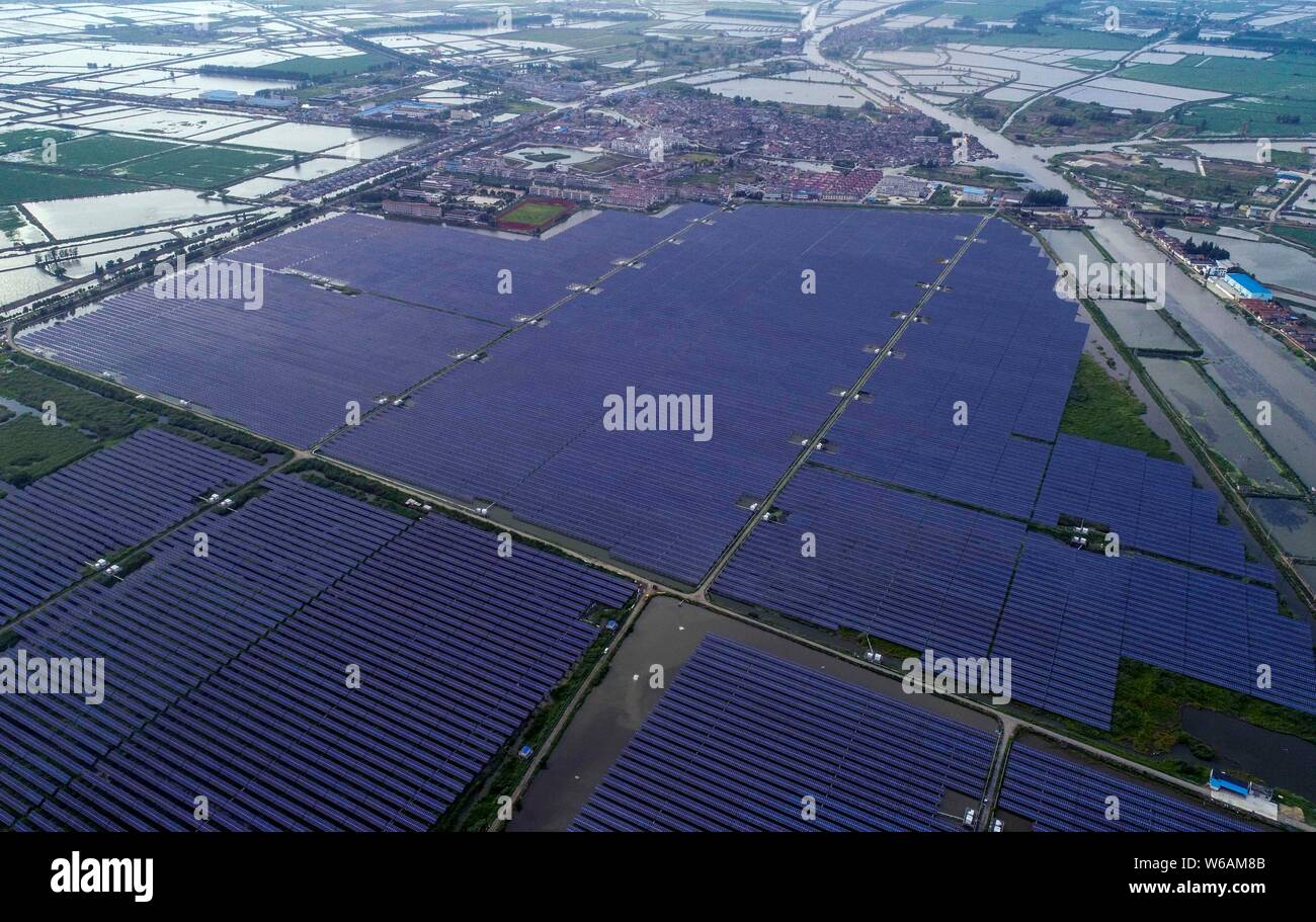 Aerial view of a large solar power plant combining aquaculture with ...