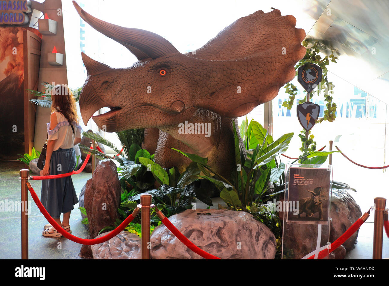 A dinosaur model is on display at the Jurassic World exhibition in Hong ...