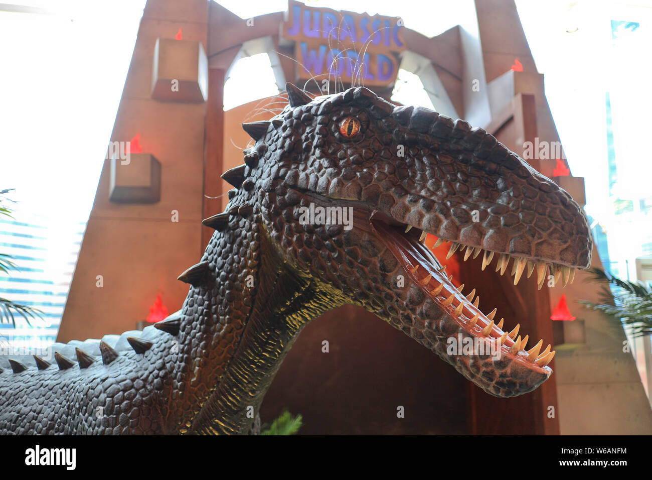 A dinosaur model is on display at the Jurassic World exhibition in Hong ...