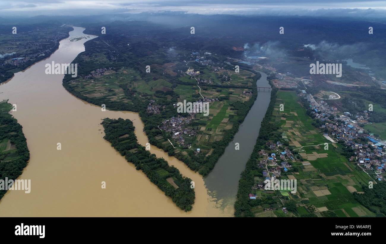 Aerial view of the Rongjiang river divided into two parts in Rong'an ...