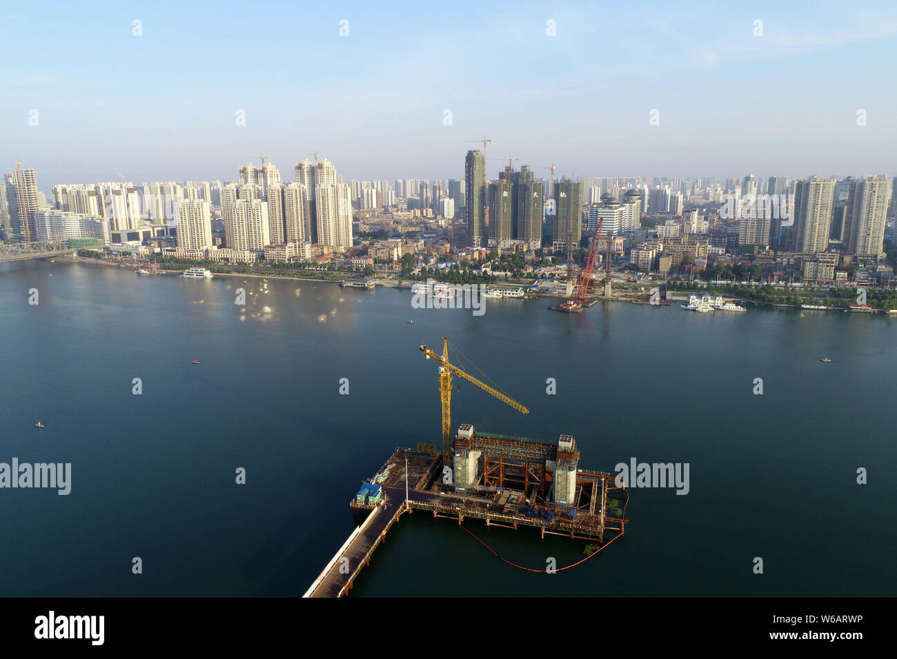 Aerial view of the construction site of the Panggong suspension bridge ...