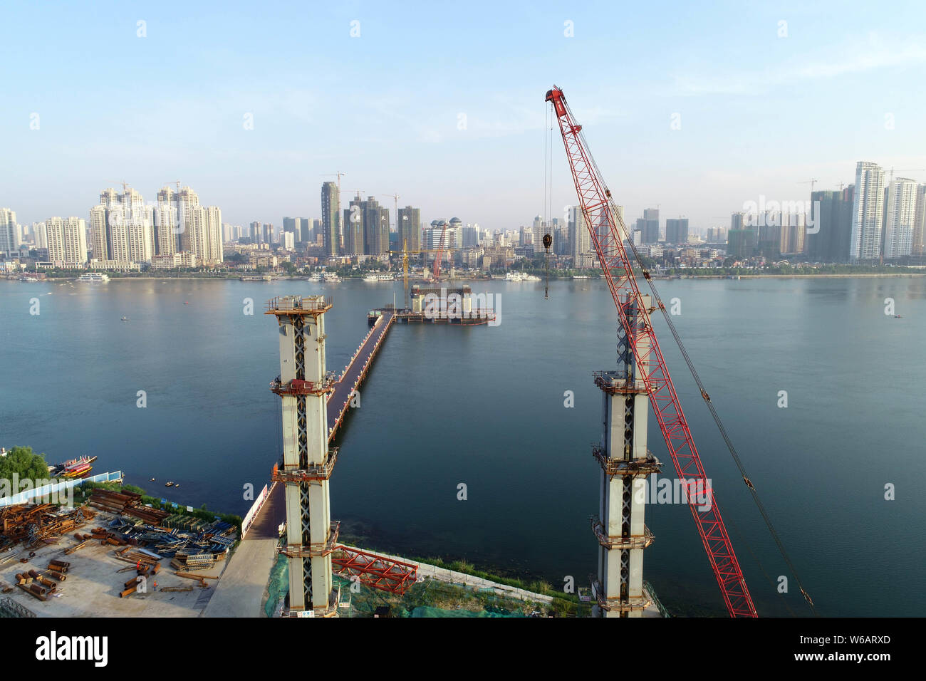Aerial view of the construction site of the Panggong suspension bridge ...