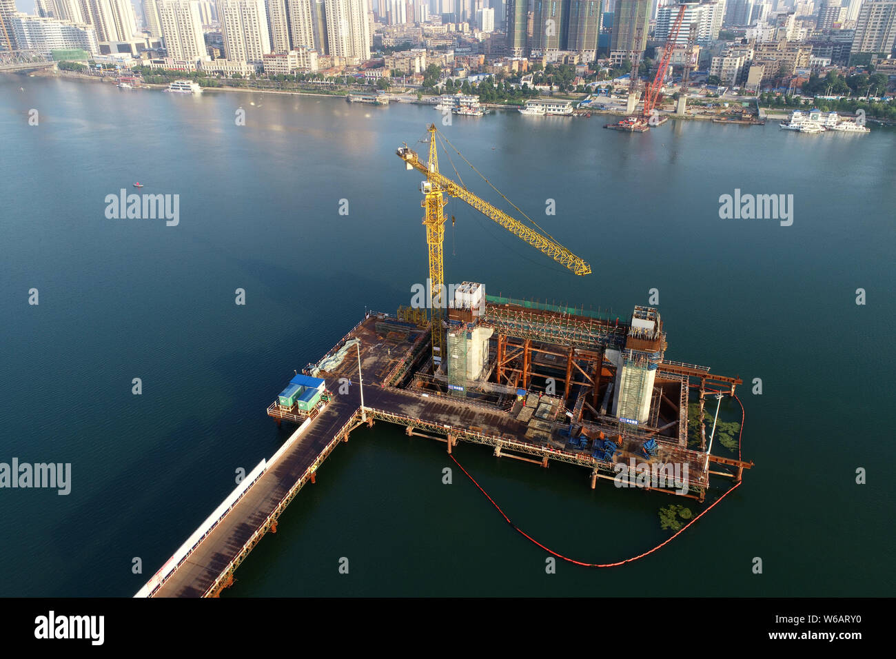 Aerial view of the construction site of the Panggong suspension bridge ...