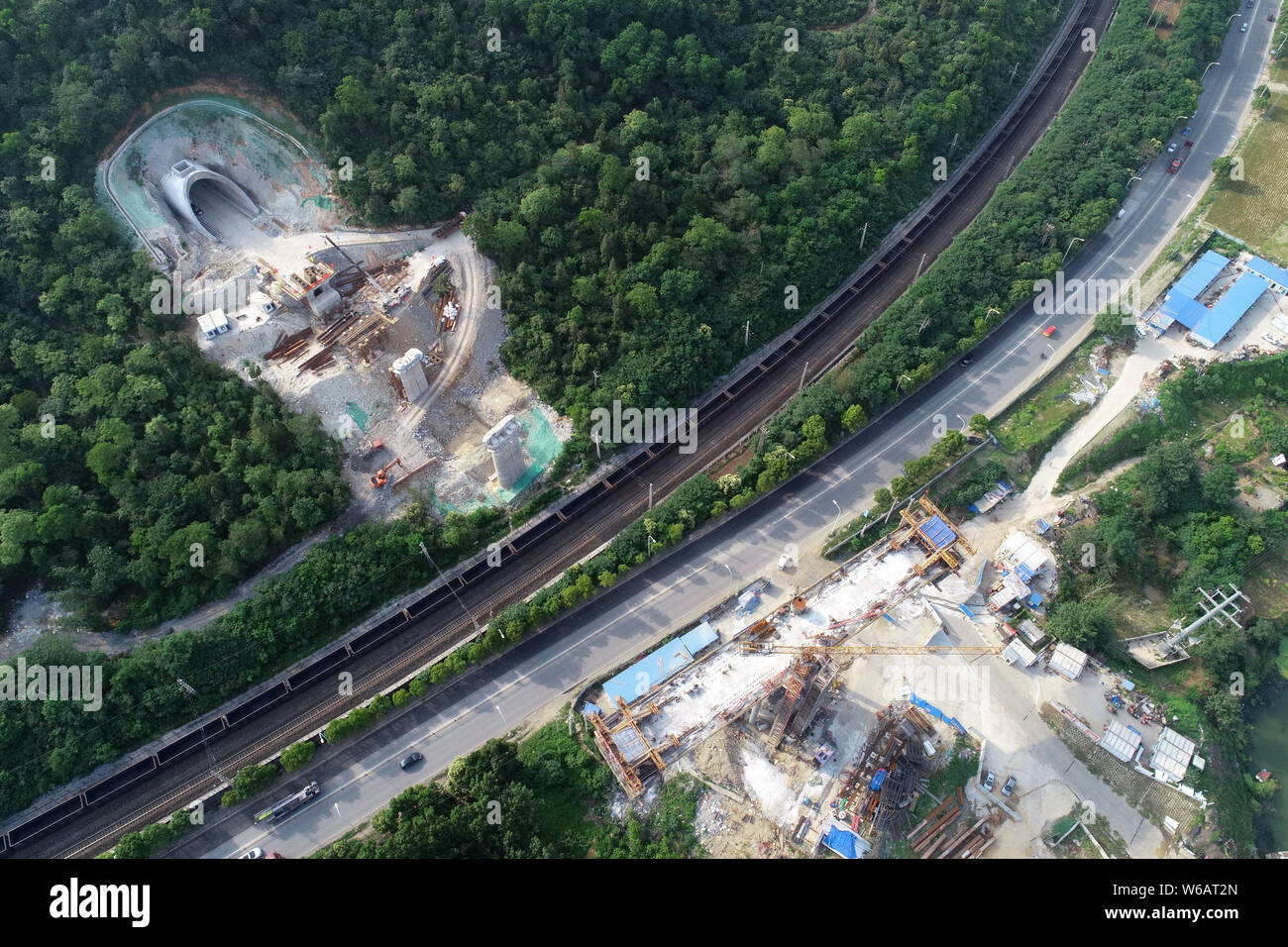 Aerial view of the construction site of Cuijiaying Hanjiang River ...
