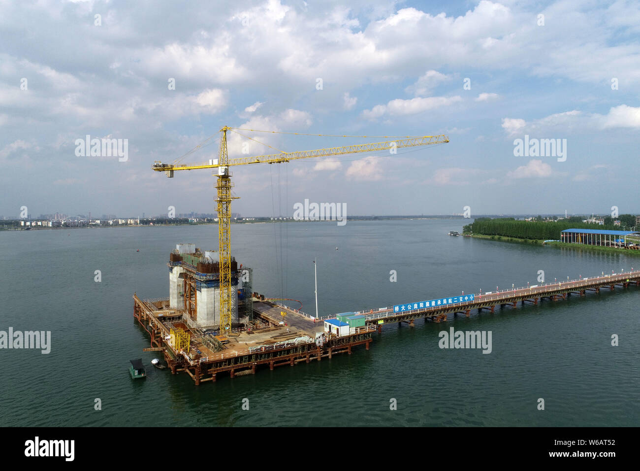 Aerial view of the construction site of the Panggong suspension bridge ...