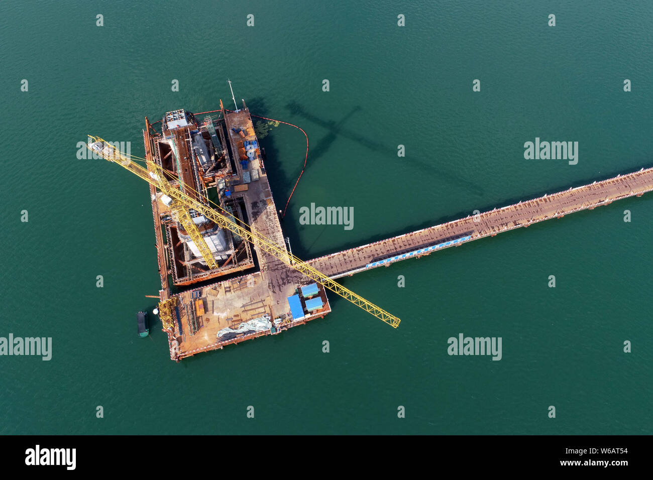 Aerial view of the construction site of the Panggong suspension bridge ...