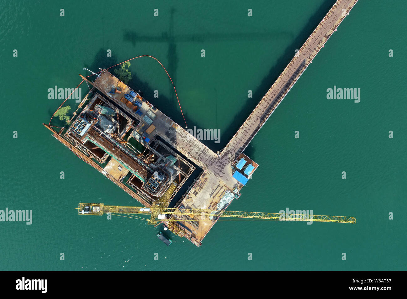 Aerial view of the construction site of the Panggong suspension bridge ...