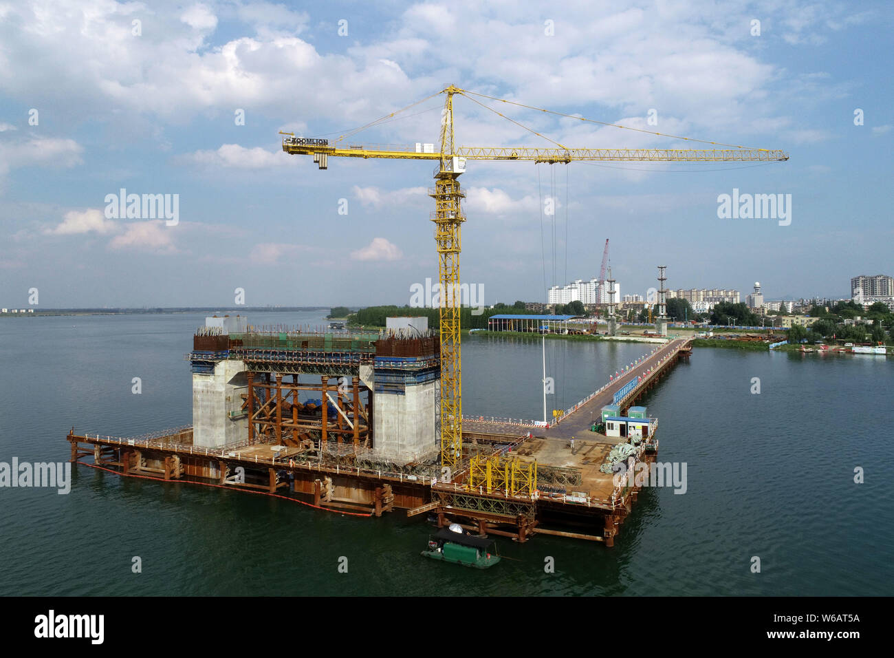 Aerial view of the construction site of the Panggong suspension bridge ...