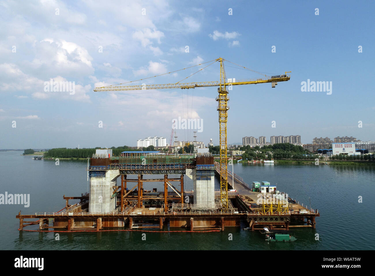 Aerial view of the construction site of the Panggong suspension bridge ...