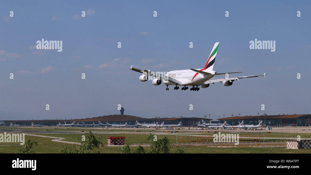 An aircraft of Emirates designed on the theme of Expo 2020 Dubai ...