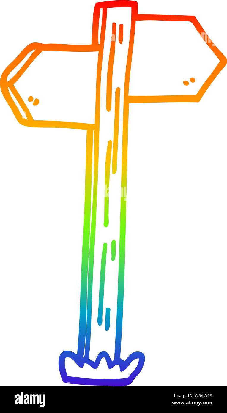 rainbow gradient line drawing of a cartoon painted direction sign posts ...