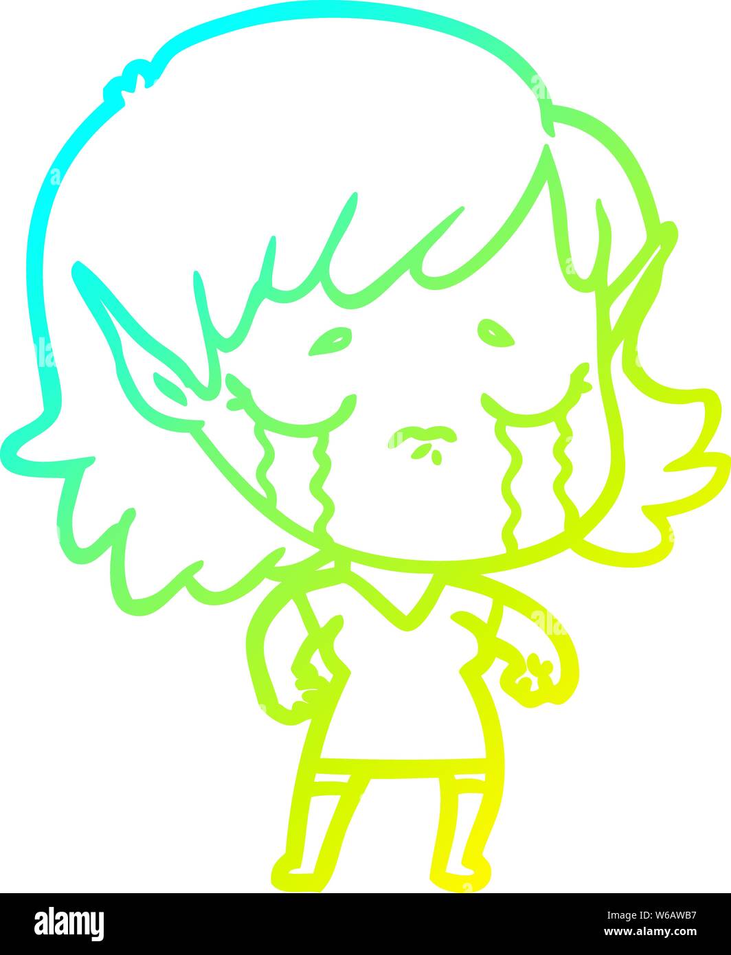 cold gradient line drawing of a cartoon crying elf girl Stock Vector ...