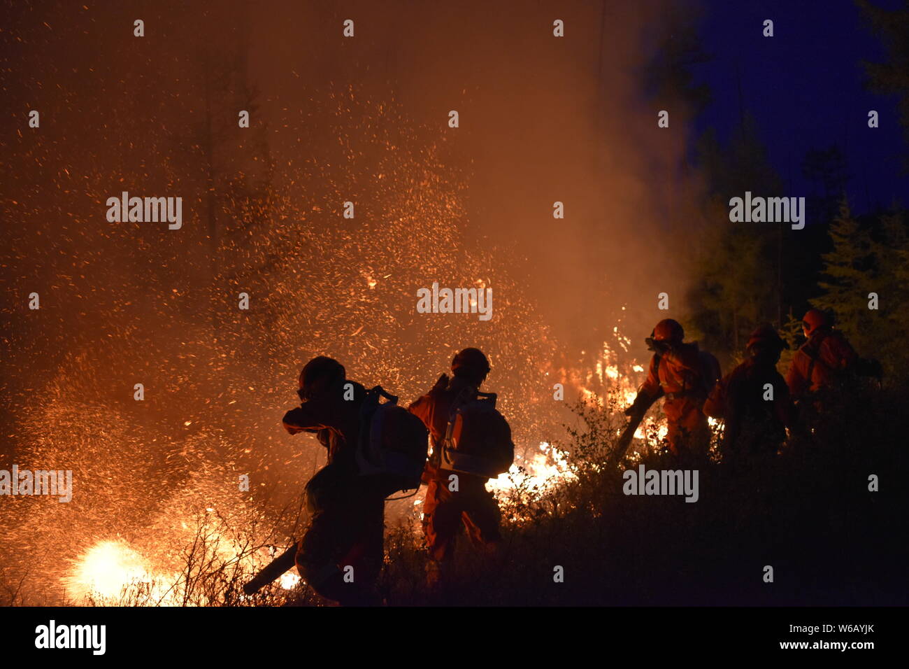 Chinese firefighters extinguish the fire in a forest in Greater Khingan ...