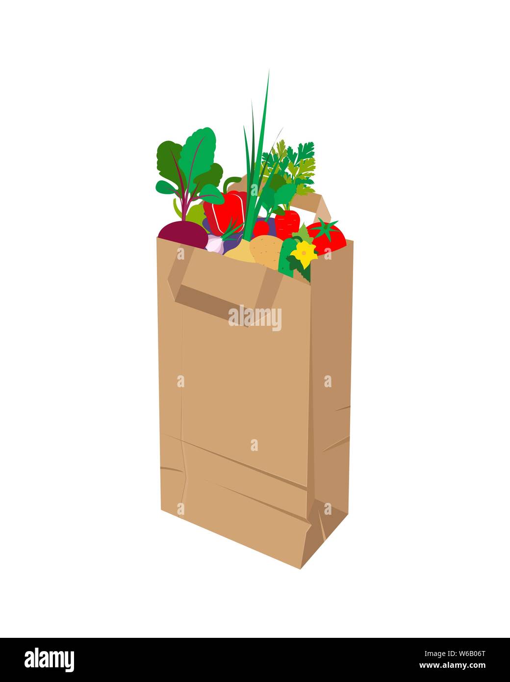 A paper bag filled with various vegetables. White isolated background ...
