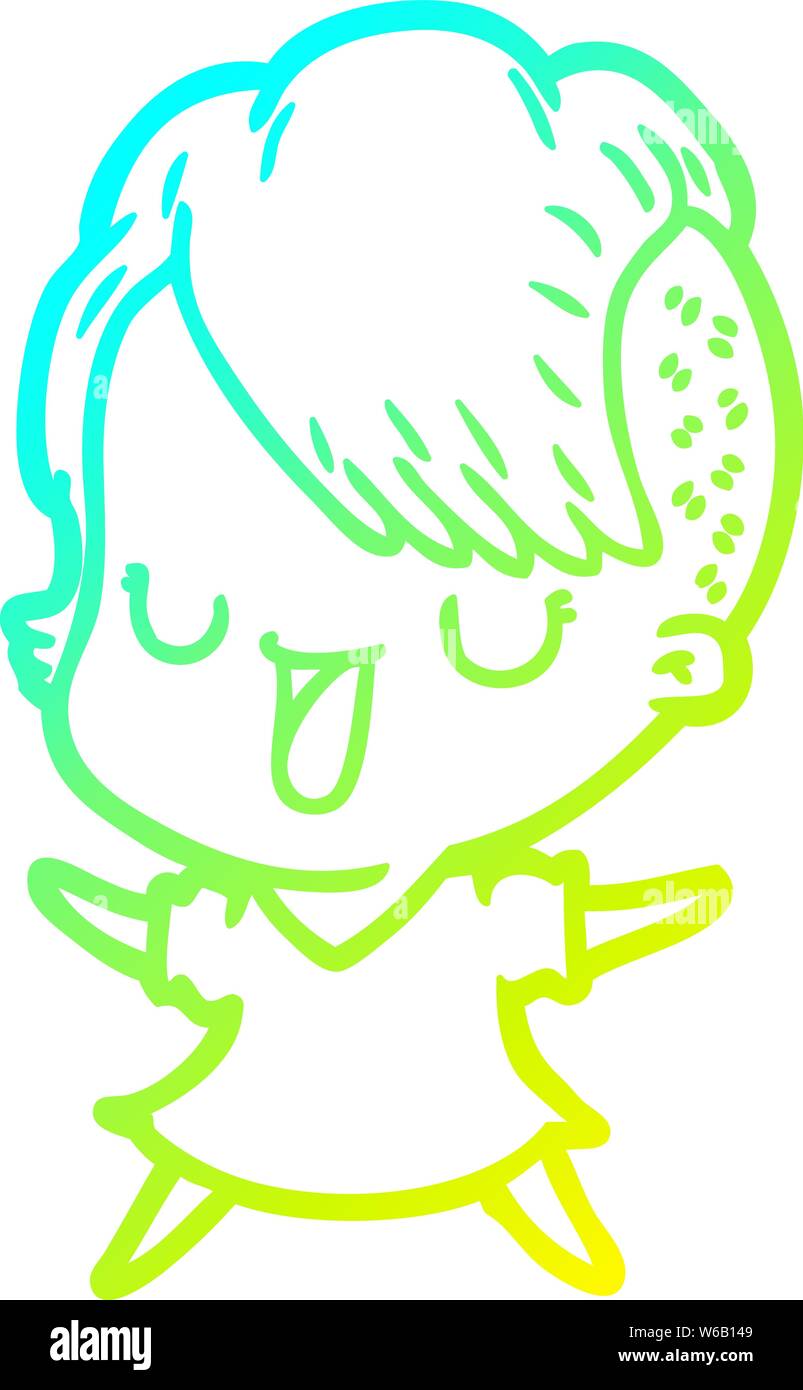 cold gradient line drawing of a cute cartoon girl with hipster haircut ...