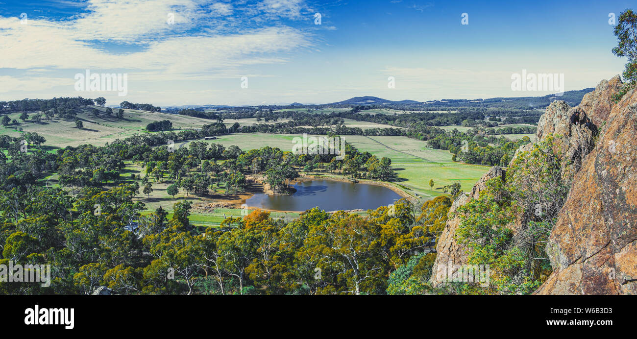 Wide panorama of scenic Australian countryside in Melbourne, Victoria ...