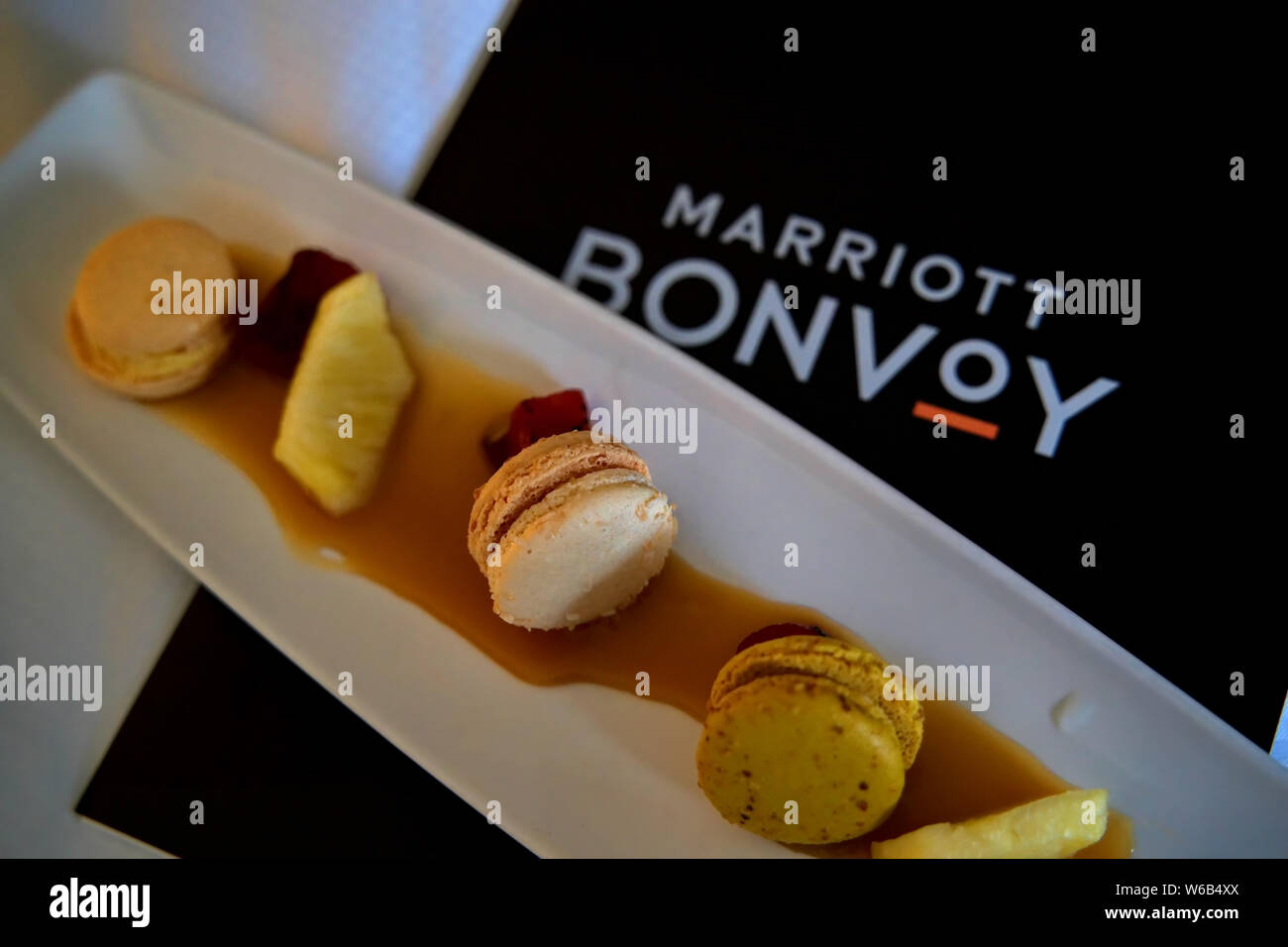 Montreal, Quebec Canada, Jul 2019. Complimentary set of sweet macarons ...
