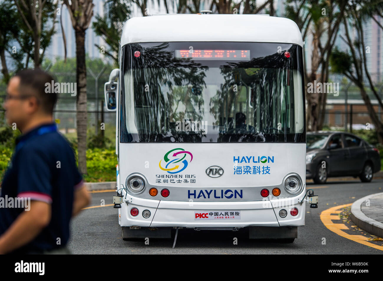 An Alphabus smart bus with self-driving bus technology is pictured at a ...