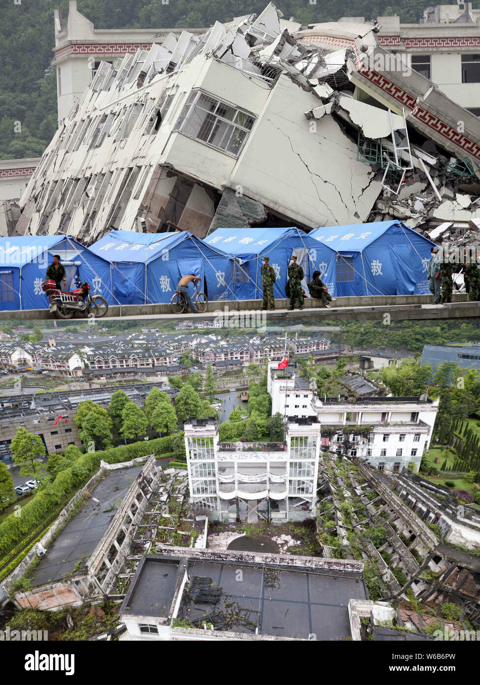 This composite photo shows a high school of Yingxiu town after it was ...