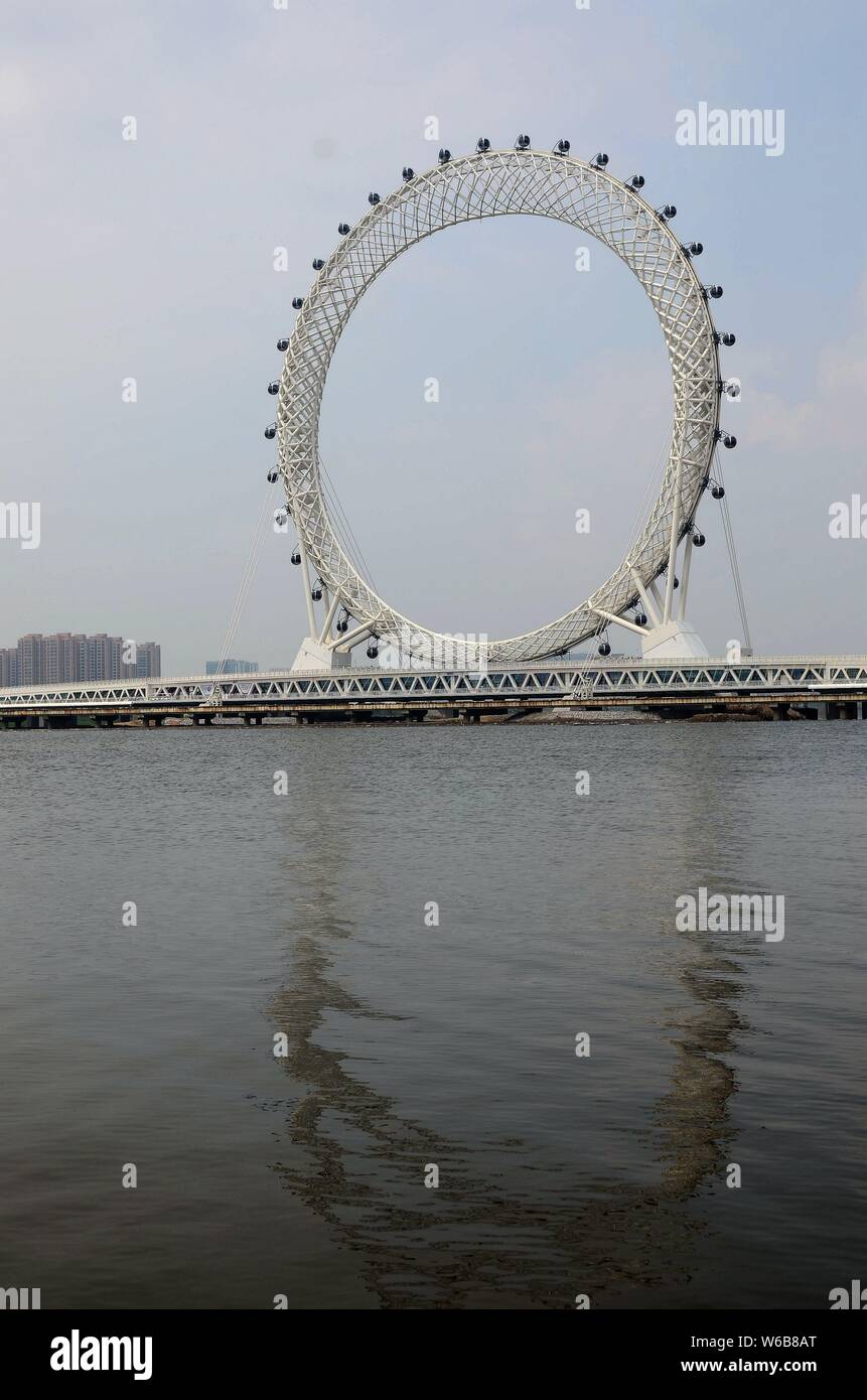 A view of Bailang River Bridge Ferris Wheel, the world's largest spokeless Ferris wheel with ...