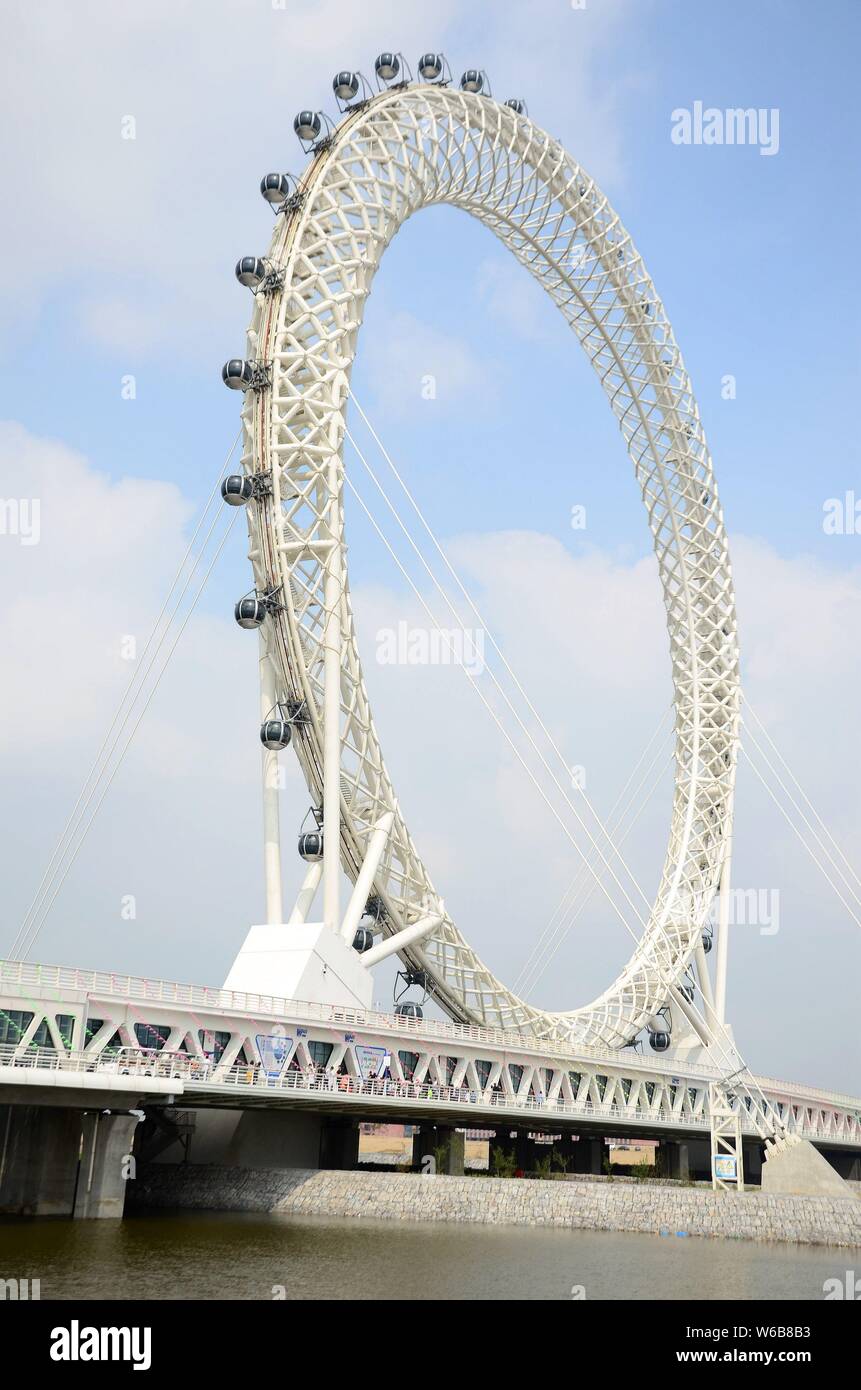 A view of Bailang River Bridge Ferris Wheel, the world's largest spokeless Ferris wheel with ...